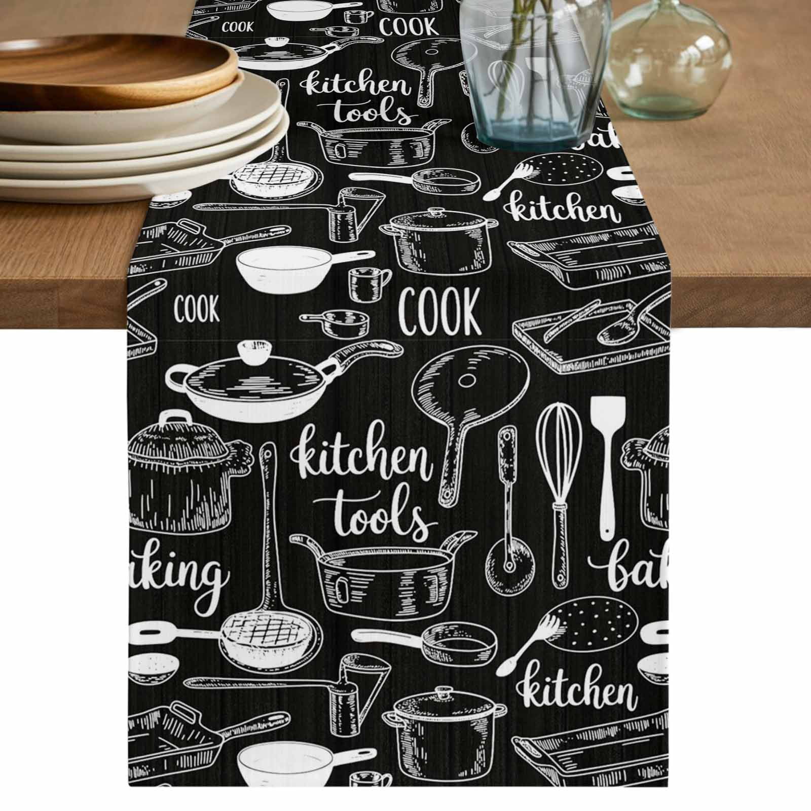 Black Kitchenware Table Runner, Modern Funny Cook Tools Spoons Forks ...