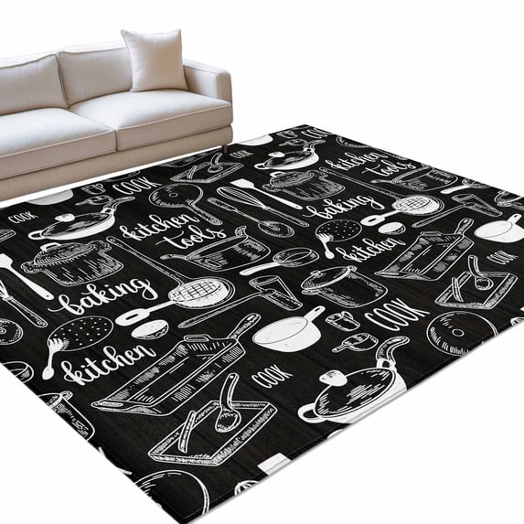 Black Kitchenware Washable Rug 6x9 Area Rug for Living Room Bedroom Non ...