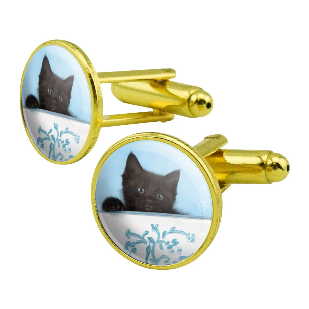 Black Kitten Cat in Bucket Tin Pail Round Cufflink Set Gold Color ...
