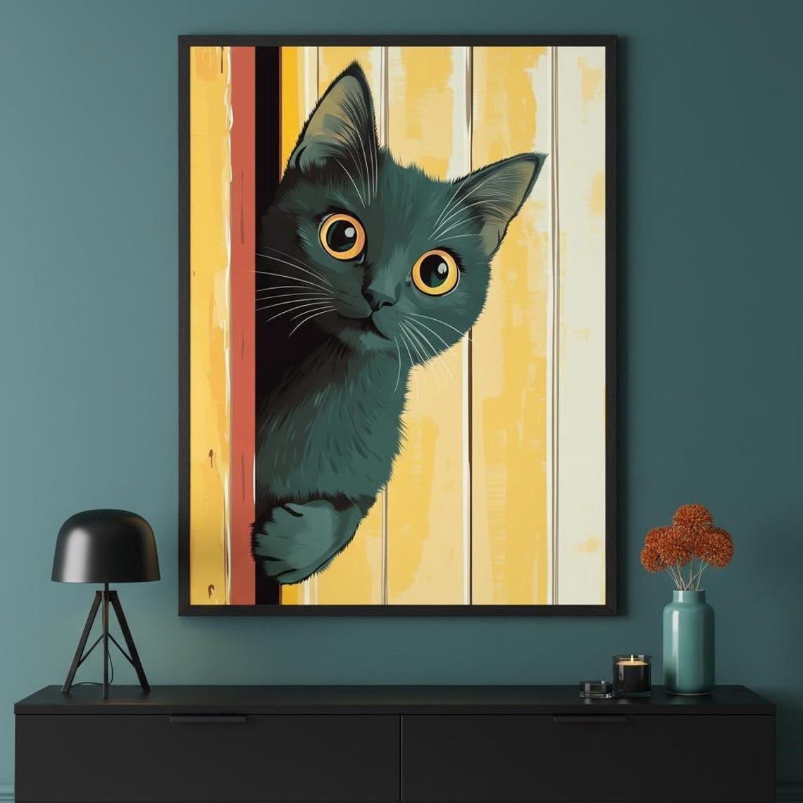 Black Kitten Curious Peeking Wall Art Feline Nursery Decor Whimsical ...