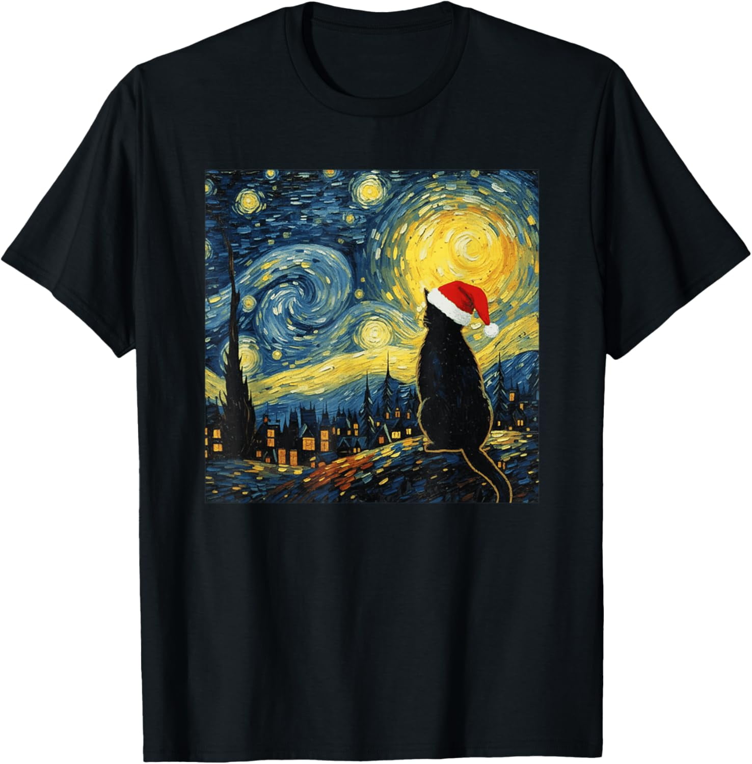 Black Kitten Santa Hat Van Gogh Style Starry Night Christmas T-Shirt ...