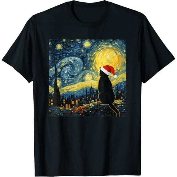 Black Kitten Santa Hat Van Gogh Style Starry Night Christmas T-Shirt ...