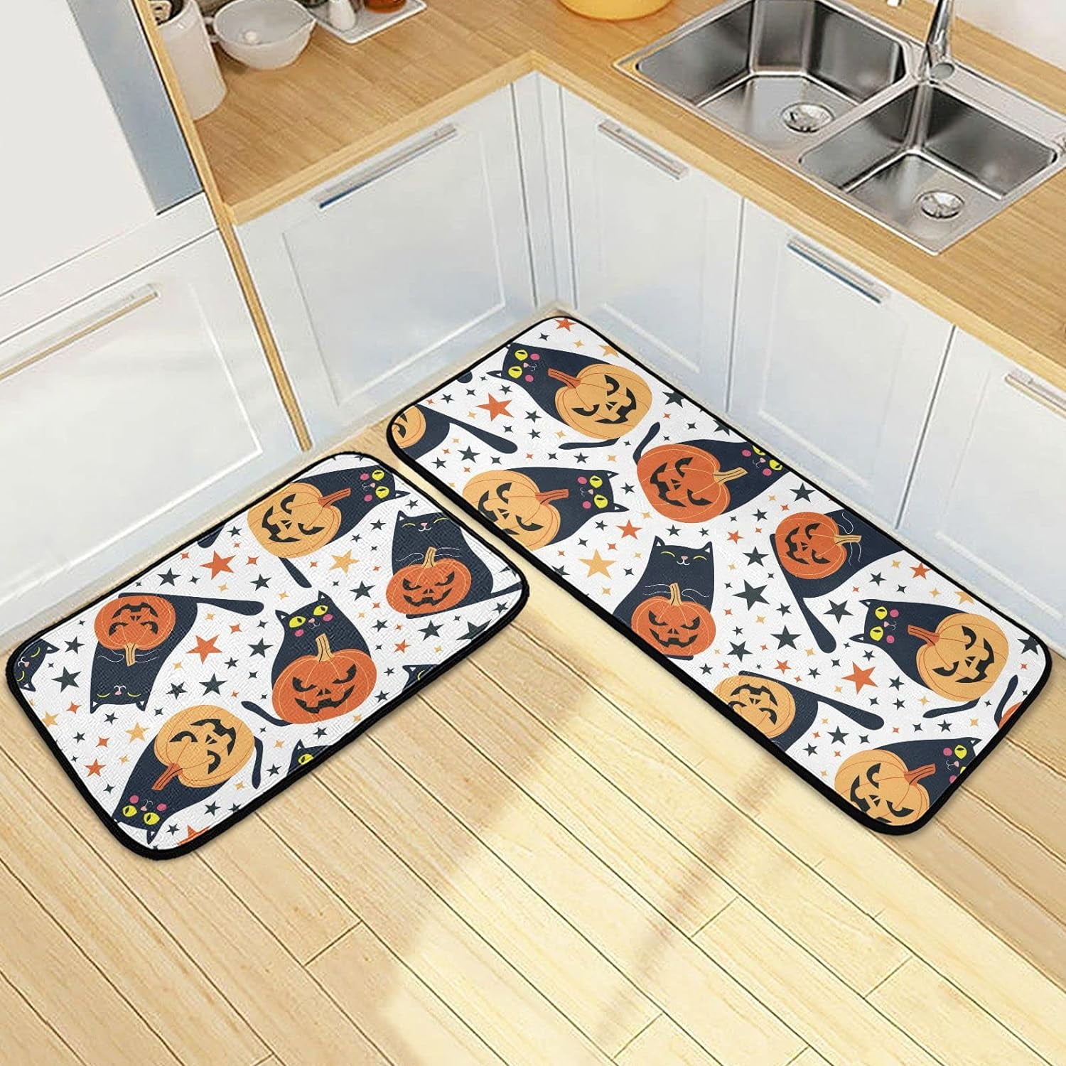 Black Kittens Stars Kitchen Rugs 2 Pieces, Jack O Lanterns Floor Mat ...