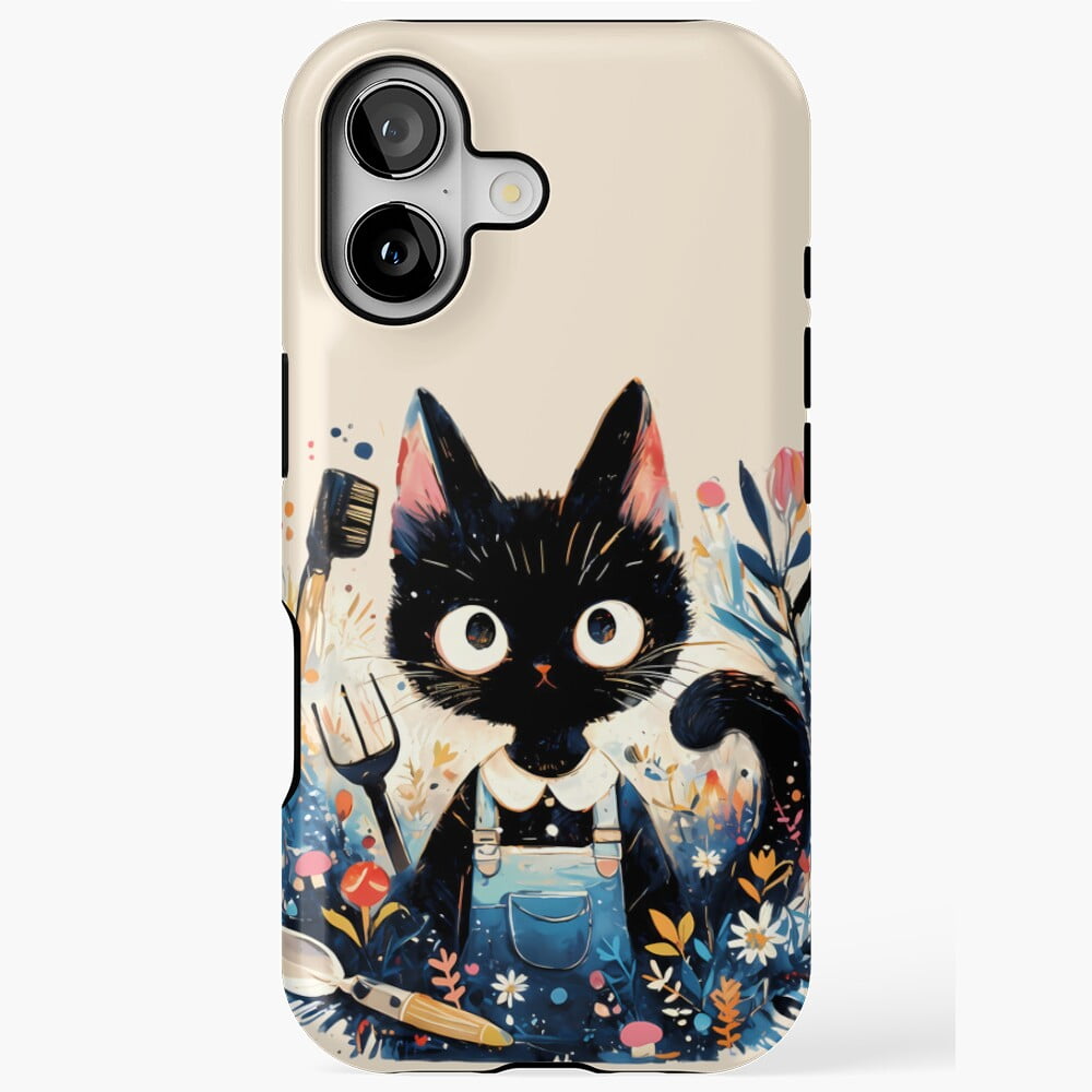 Black Kitty Gardening Illustration Print iPhone Case 17 through 11 Pro ...