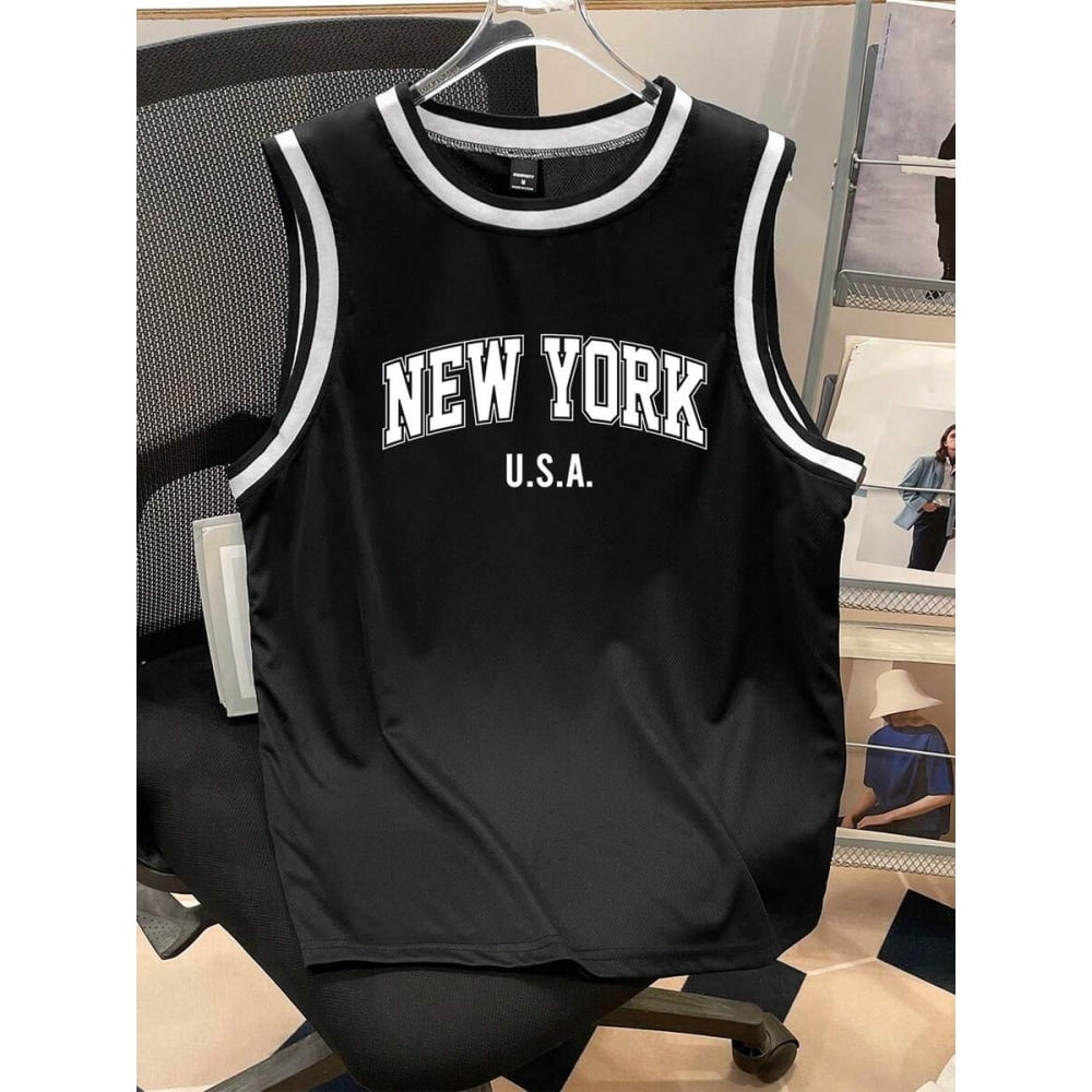Black Knit Mesh Letter Print Mens Sleeveless Jersey Tank Top, Summer ...