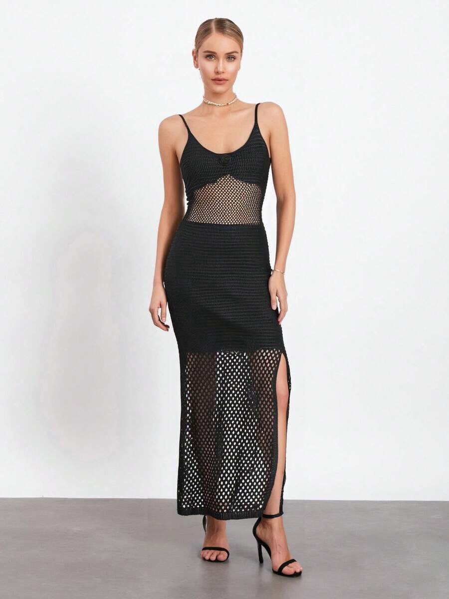 Black Knitted Cutout Sleeveless Maxi Dress With Side Slit For Summer ...