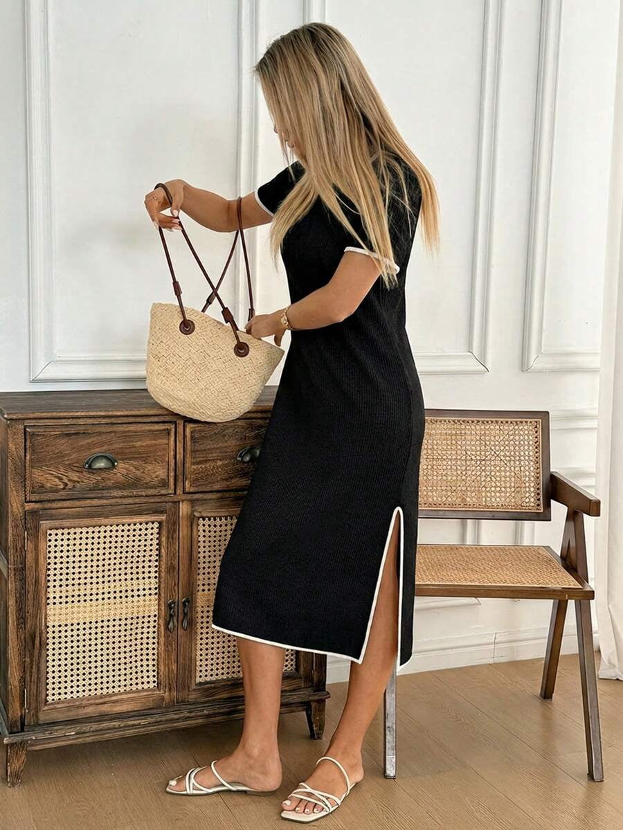Black Knitted Split Hem Midi Dress For Women, Casual Daily Wear Spring ...