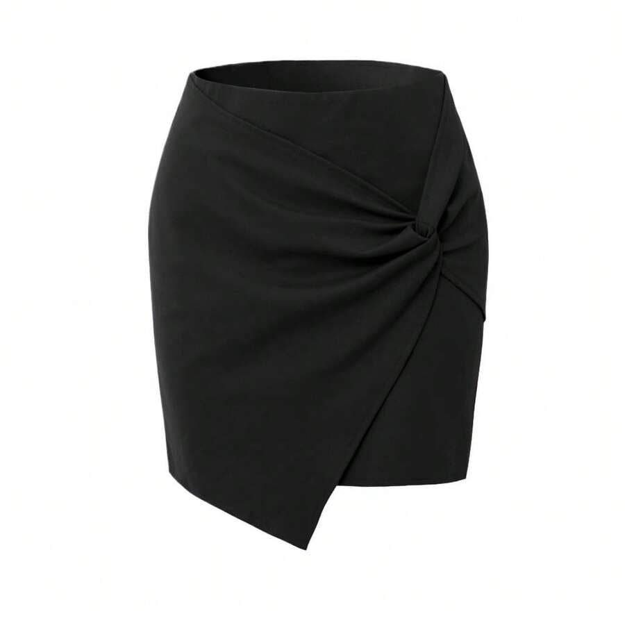 Black Knot Women High Waist Asymmetrical Wrap Mini Skirt With Twist ...