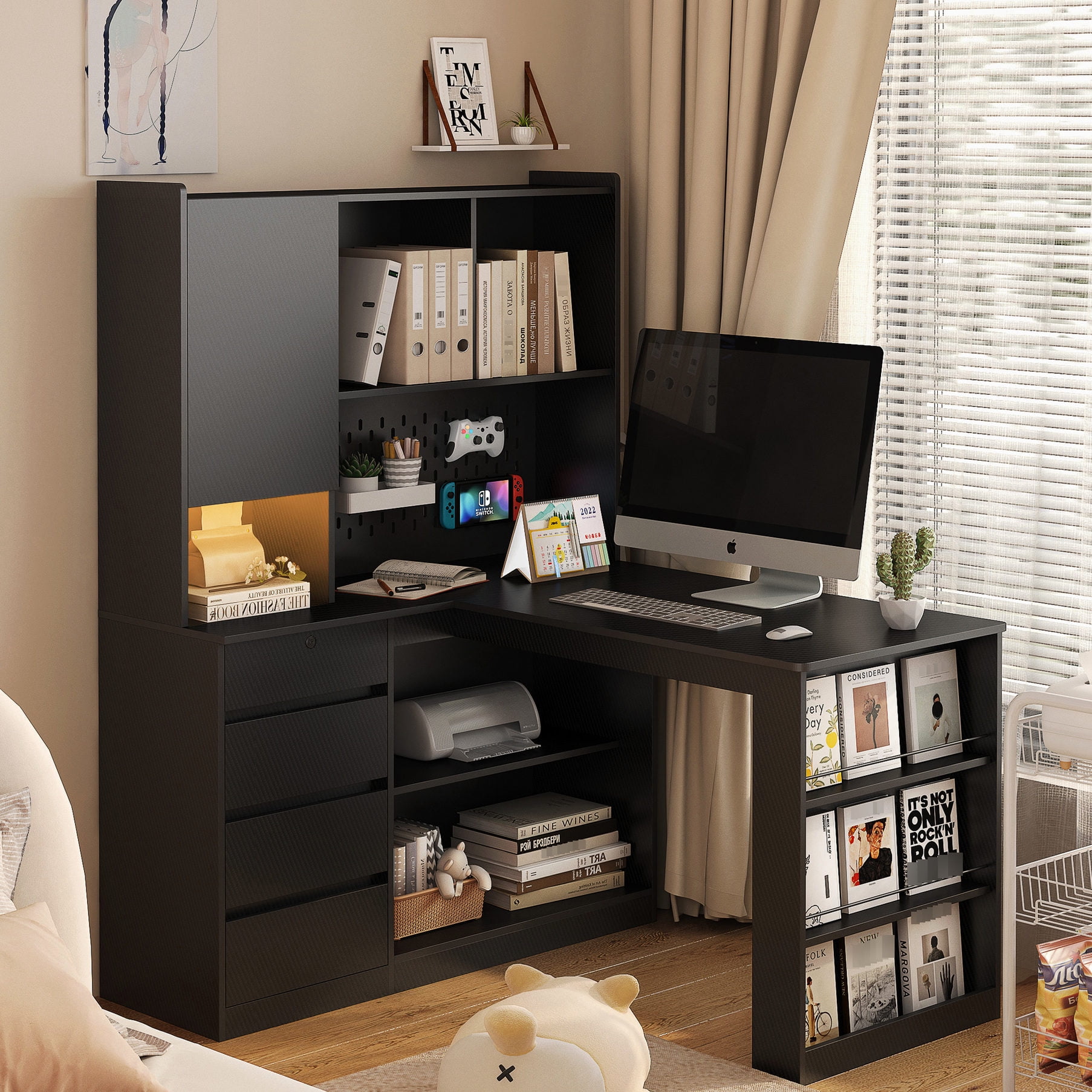 Black L-Shaped Computer Desk - Adequate Storage & Easy Cleaning ...