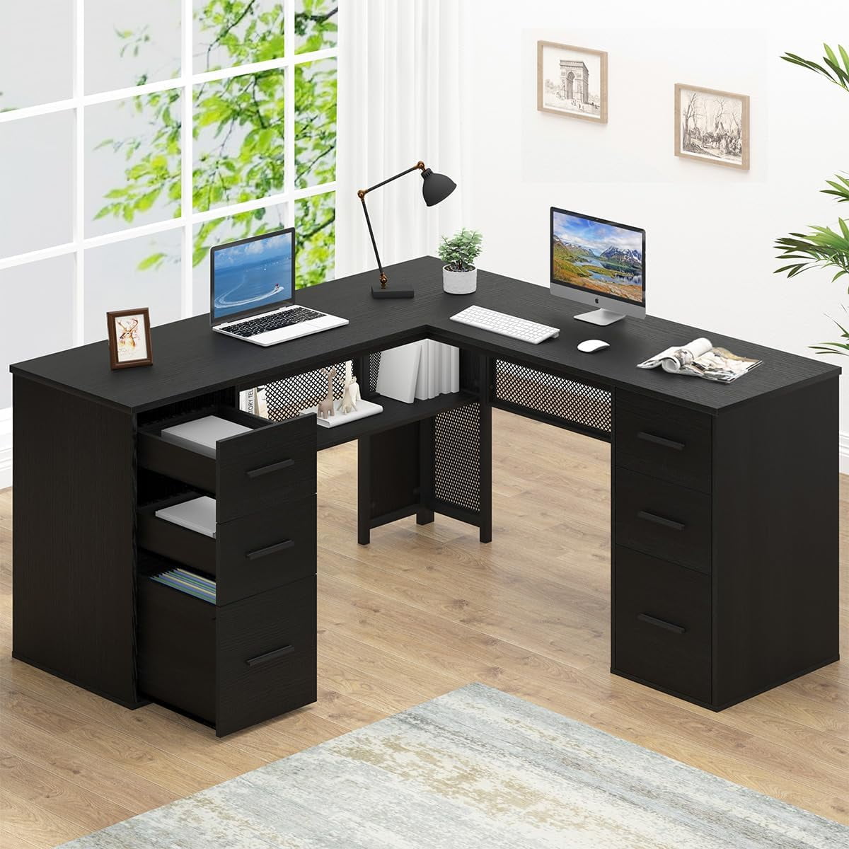 Black L Shaped Desk with File Drawers Shelves Reversible Corner Metal ...