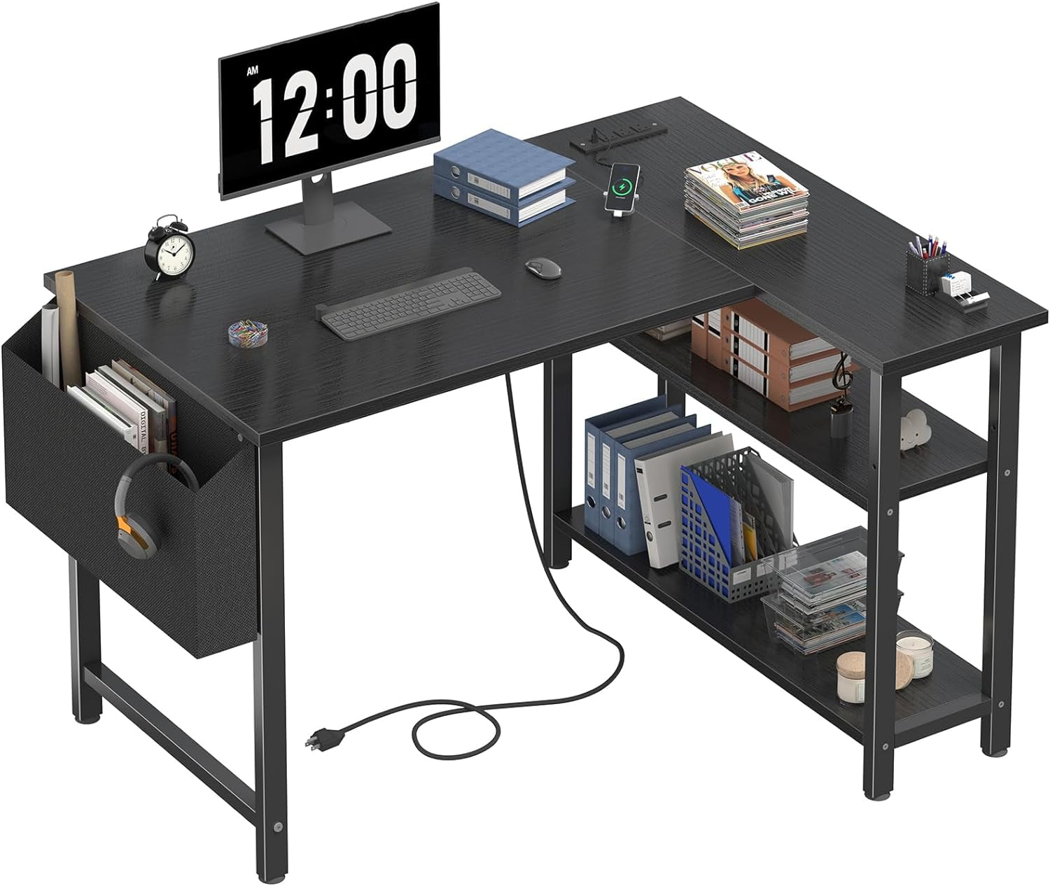 Black L Shaped Gaming Computer Desk with Power Outlet Shelves, 40 Inch ...