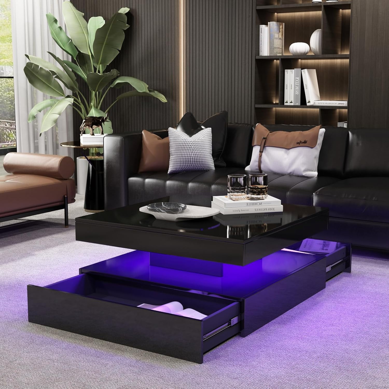 Black LED Coffee Table for Living Room, Square Coffee Table with Lights ...