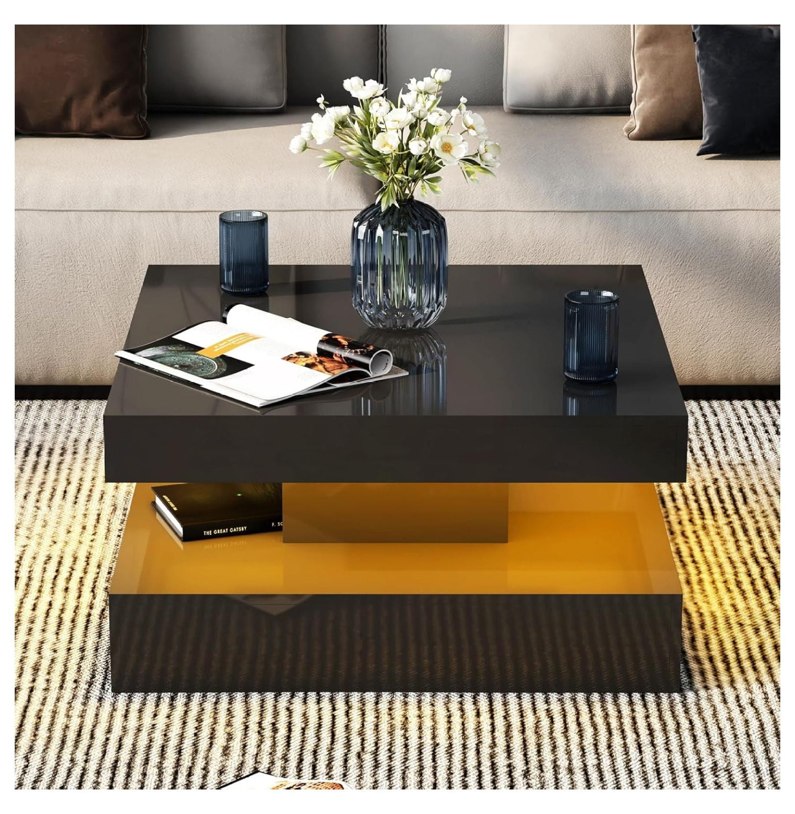 Black LED Coffee Table for Living Room Tall High Glossy Square 2-Tiers ...