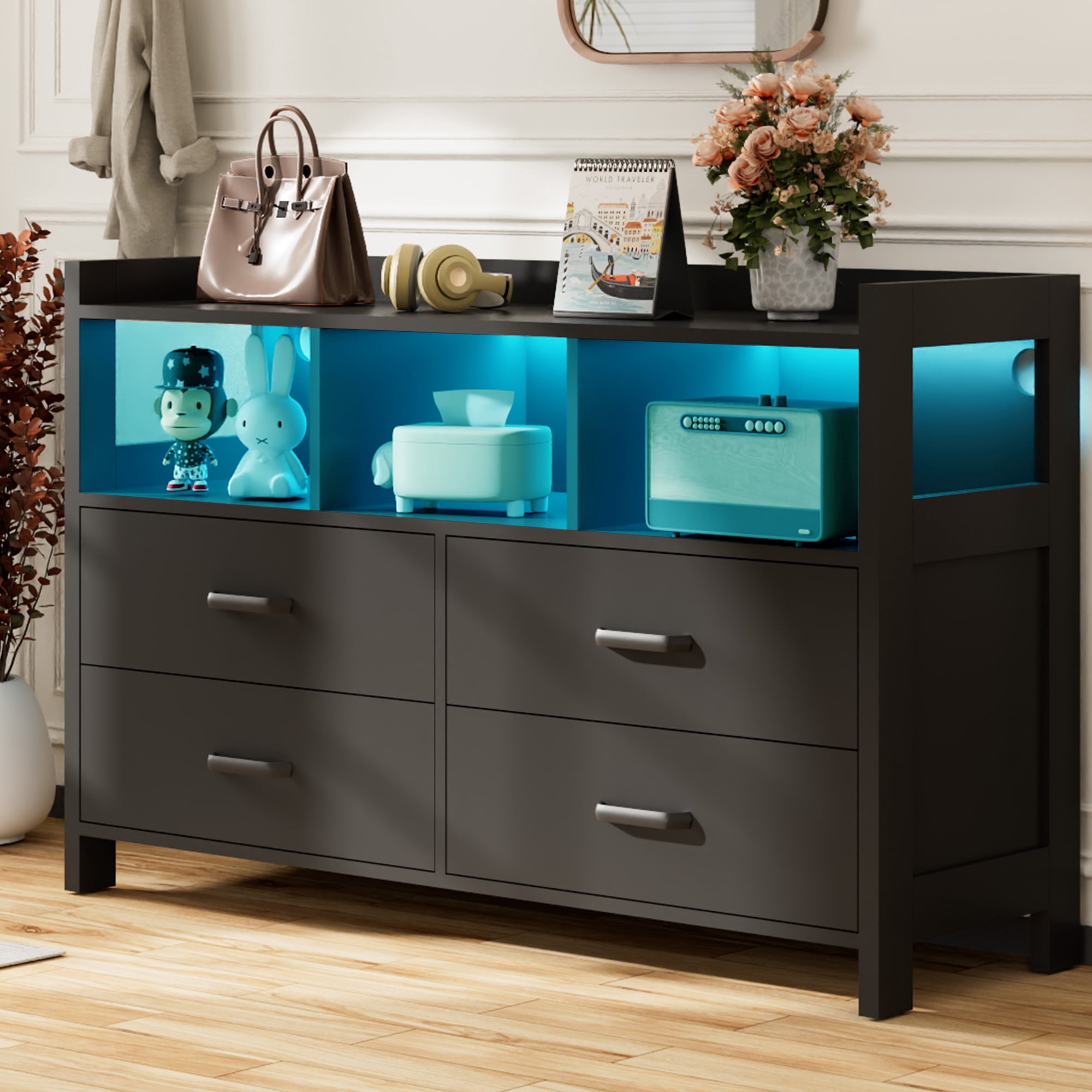 Alohappy Black LED Dresser for Bedroom, 4 Drawer Wide Dressers with ...
