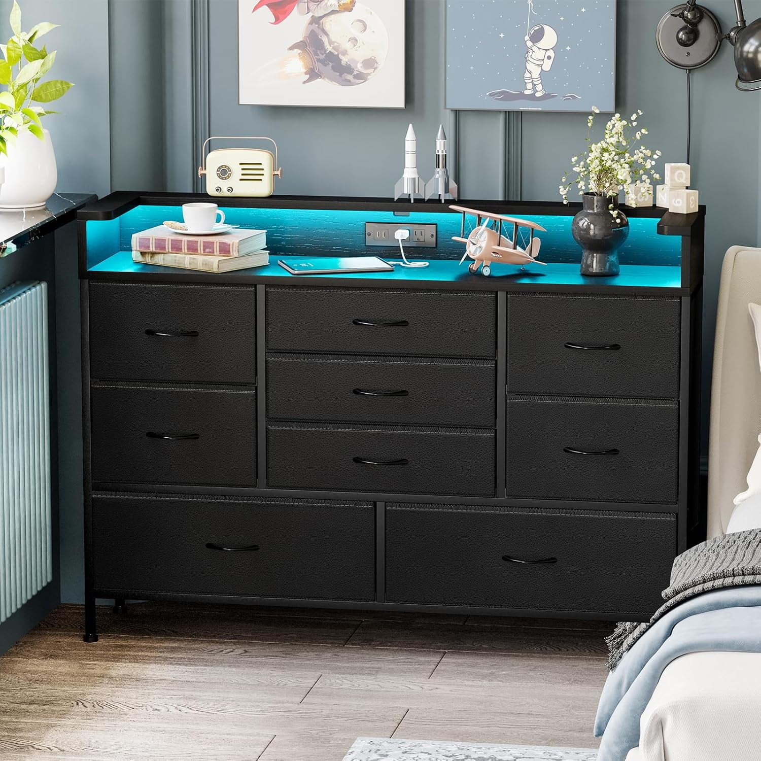 Black LED Dresser for Bedroom, Dresser with 9 Drawers and Charging ...