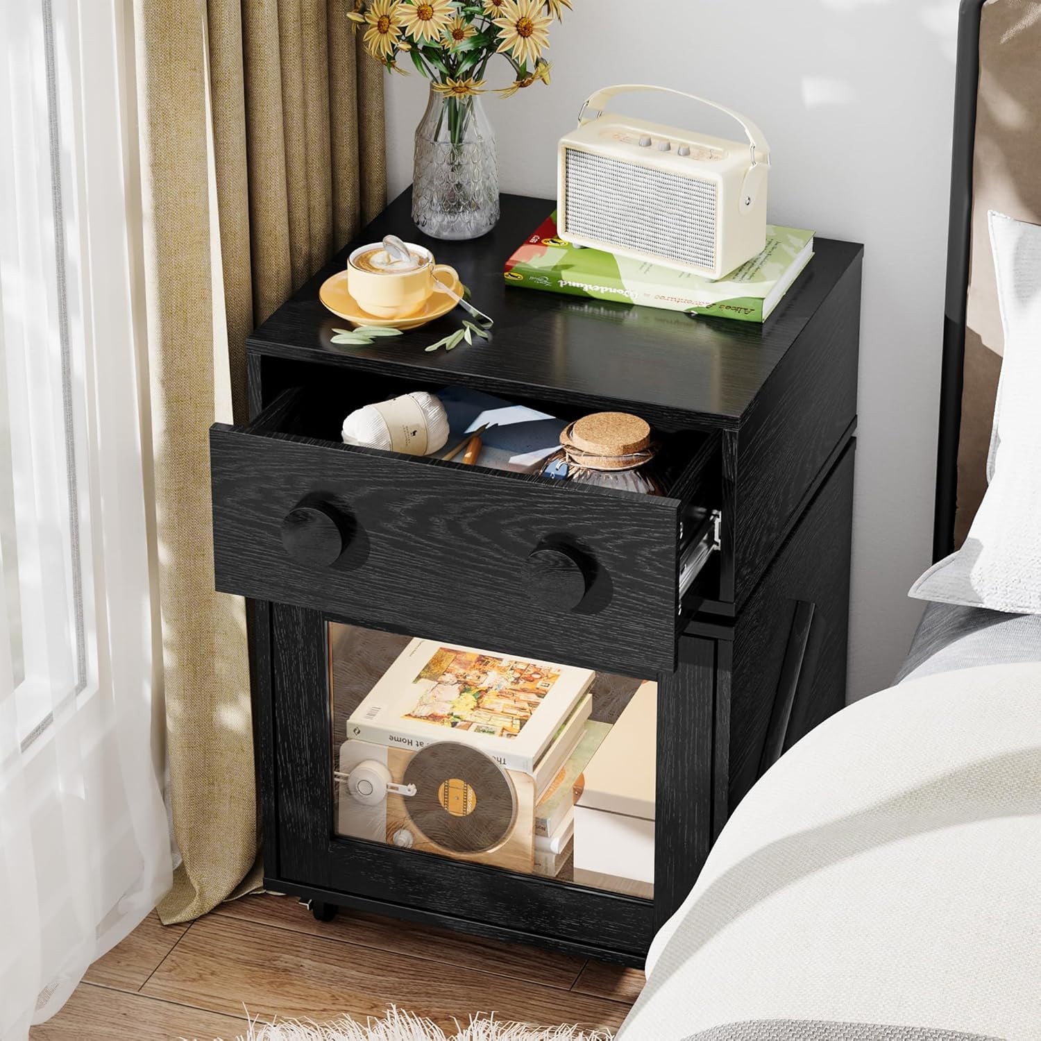 Black LED End Table with 360° Drawer and Motion Sensor for Bedroom ...