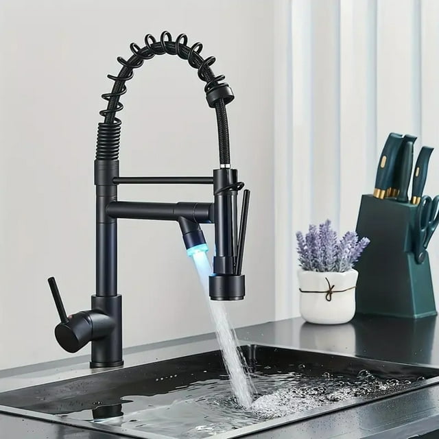 Black LED Kitchen Faucet Sink Mixer Faucet Single Handle Pull Down ...