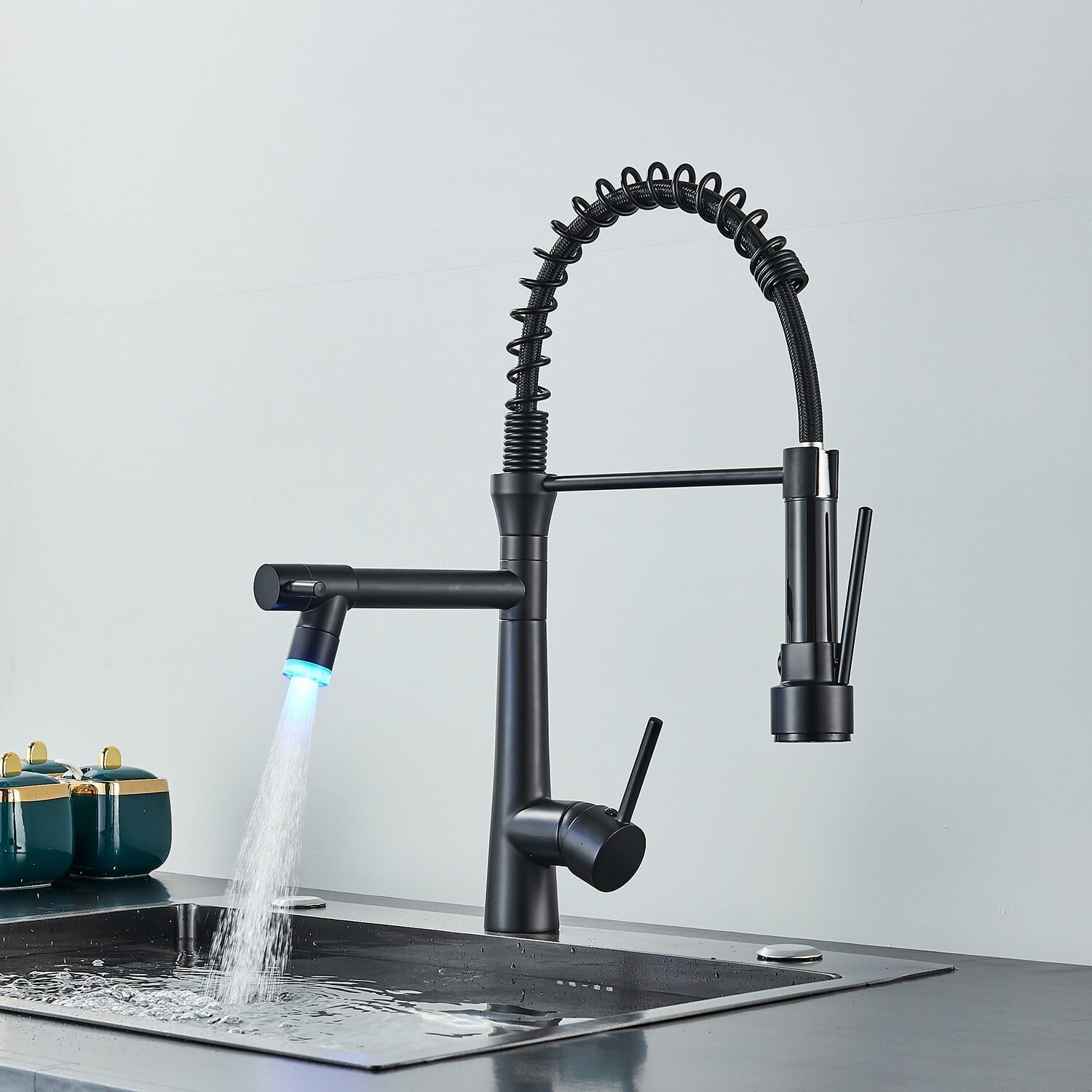 Black LED Kitchen Sink Faucet With Sprayer Spring Pull Down Mixer Tap W ...