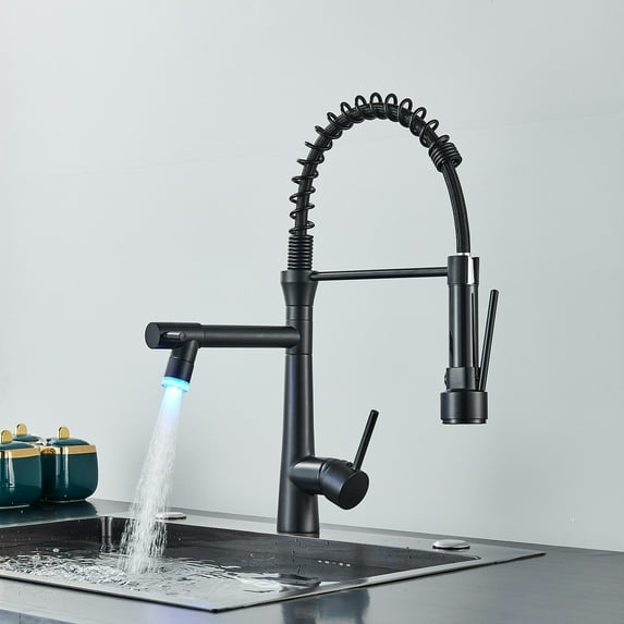 Black LED Kitchen Sink Faucet With Sprayer Spring Pull Down Mixer Tap W ...