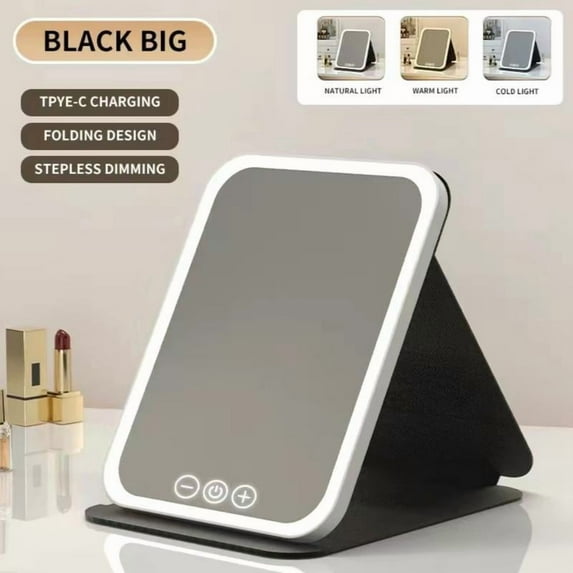 Black LED Lighted Makeup Mirror - USB Rechargeable 3 Color Dimmable ...