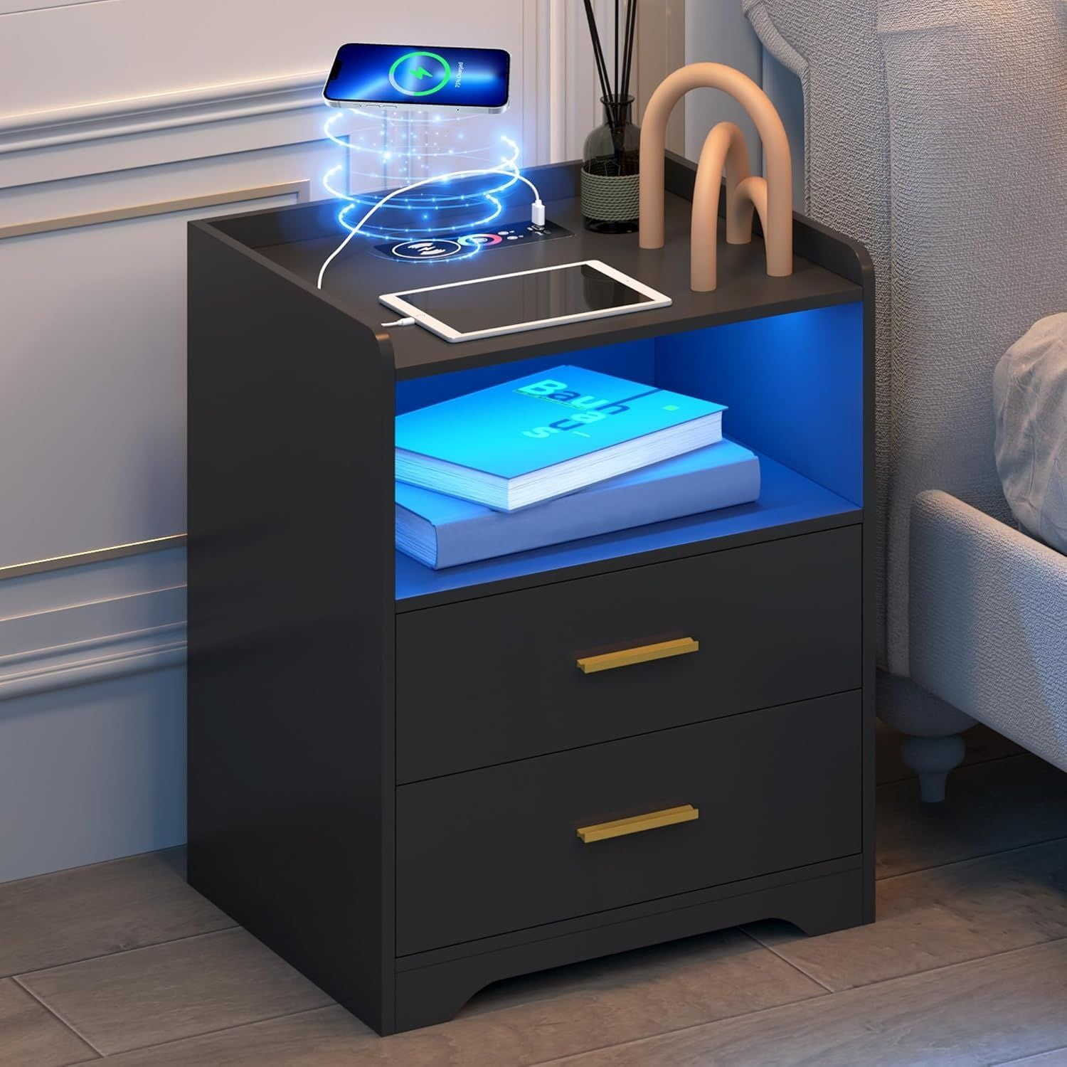 Black LED Nightstand with Charging Station, Night Stands with 24-Color ...