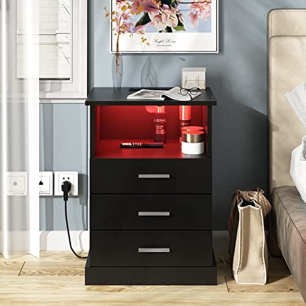 Black LED Nightstand with Charging Station, Side Table with 3 Drawers ...
