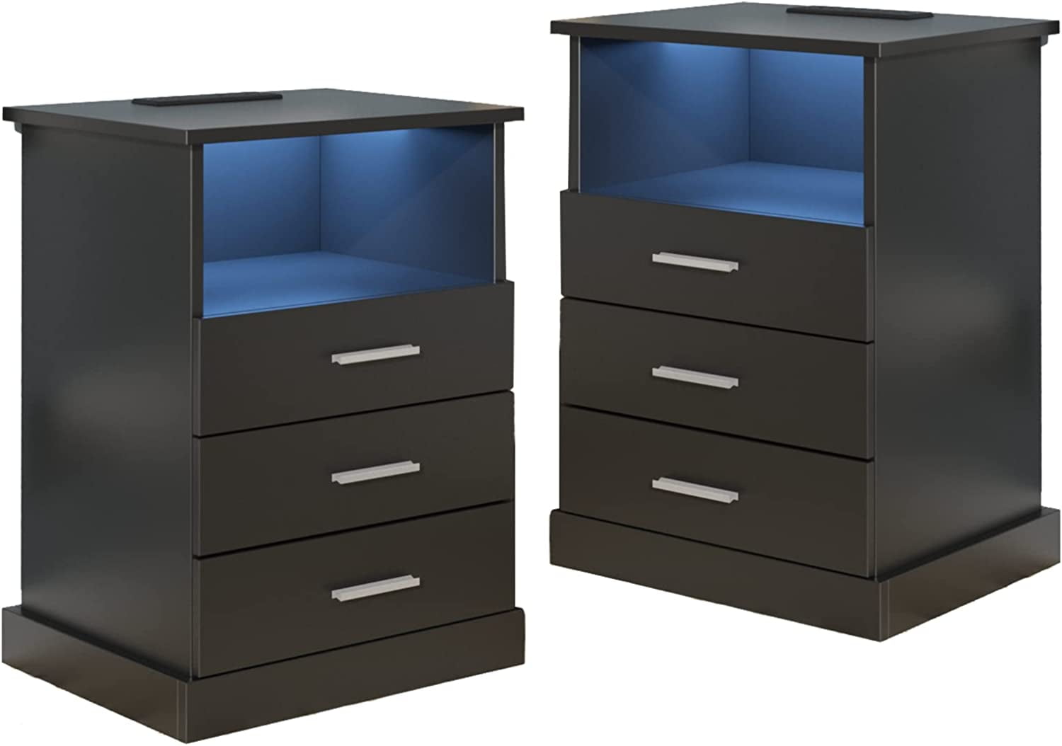 Black LED Nightstand with Charging Station, Side Table with 3 Drawers ...