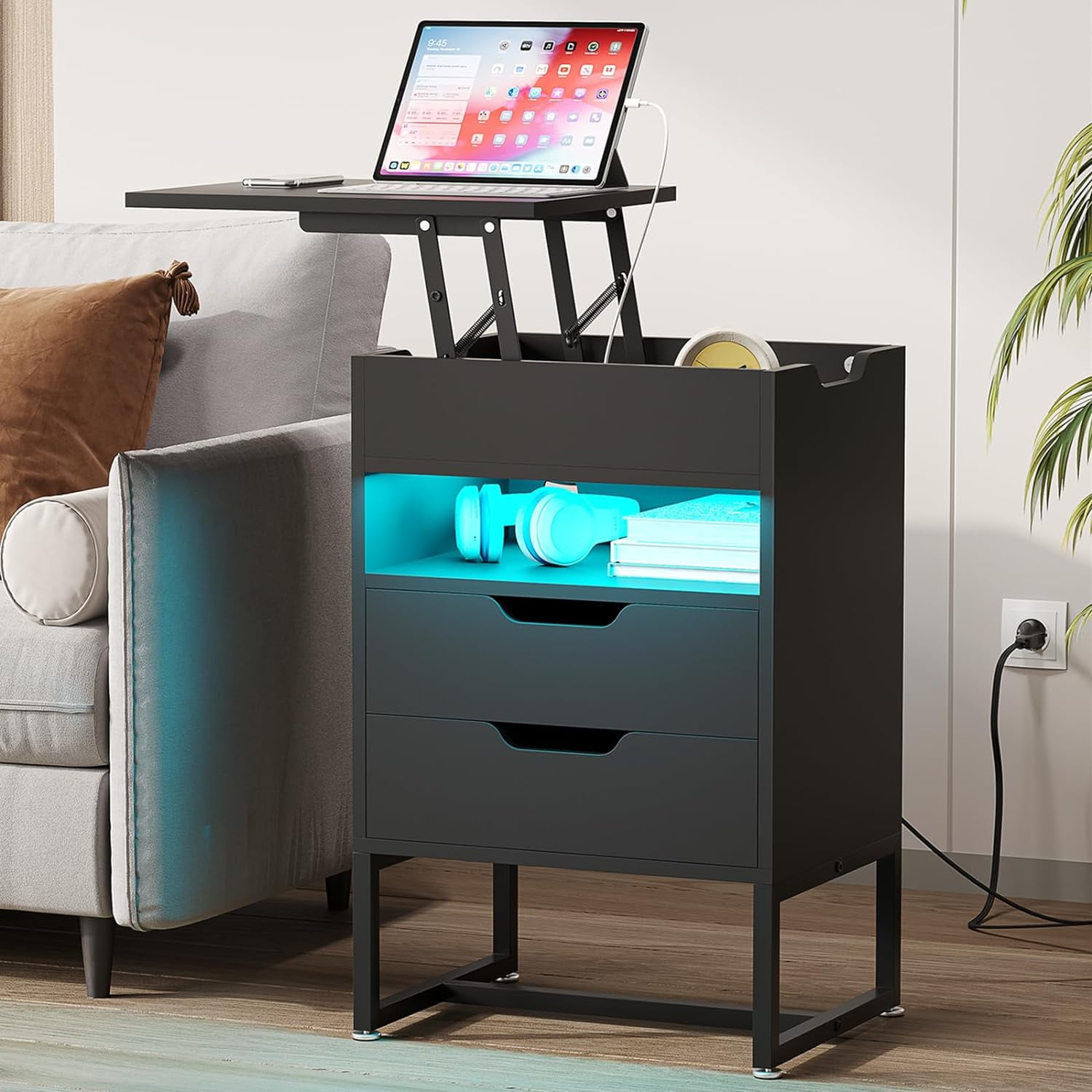 Walmart Black LED Nightstand with Charging Station, 2 Drawers, USB ...