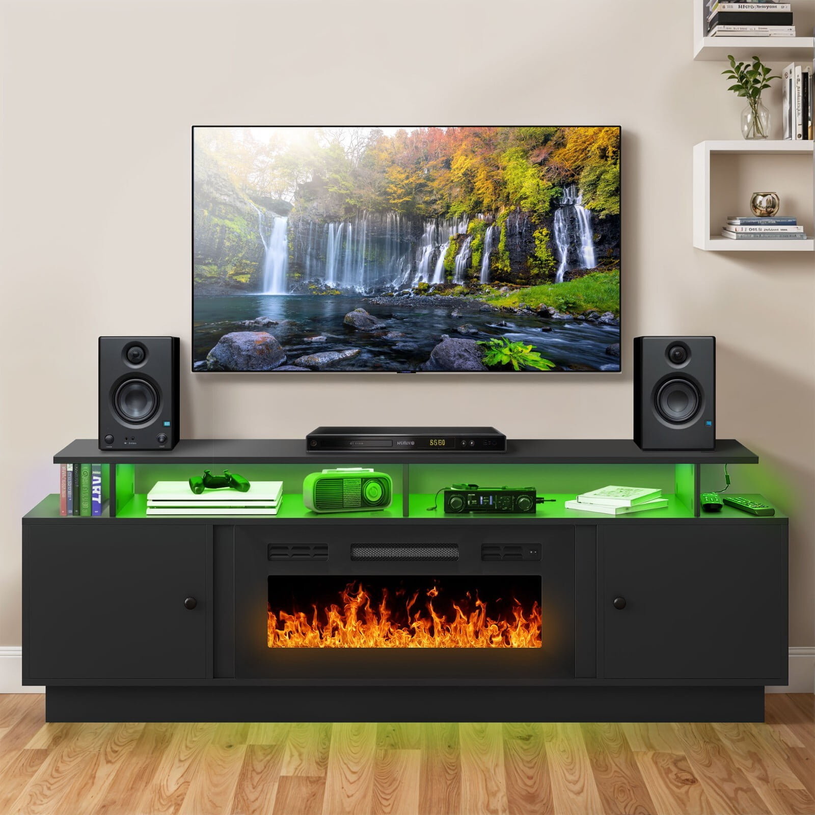 Black LED TV Stand Console for 70" TVs Entertainment Center Magnetic ...