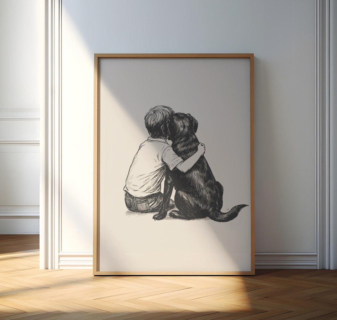 Black Lab With Boy Print, Boy And Labrador Retriever Nursery Poster ...