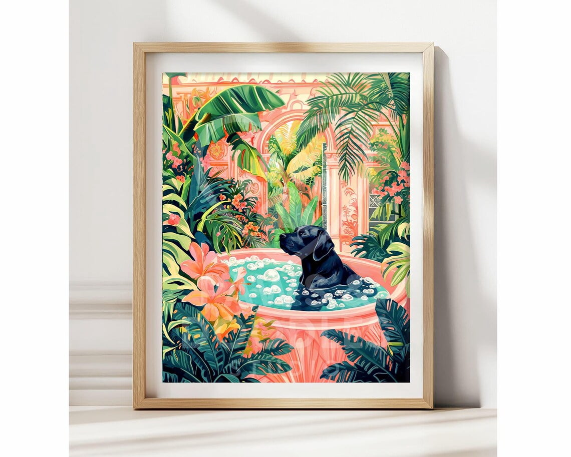Black Lab In Tropical Tub Coastal Restroom Bathroom Poster Art Unframed ...