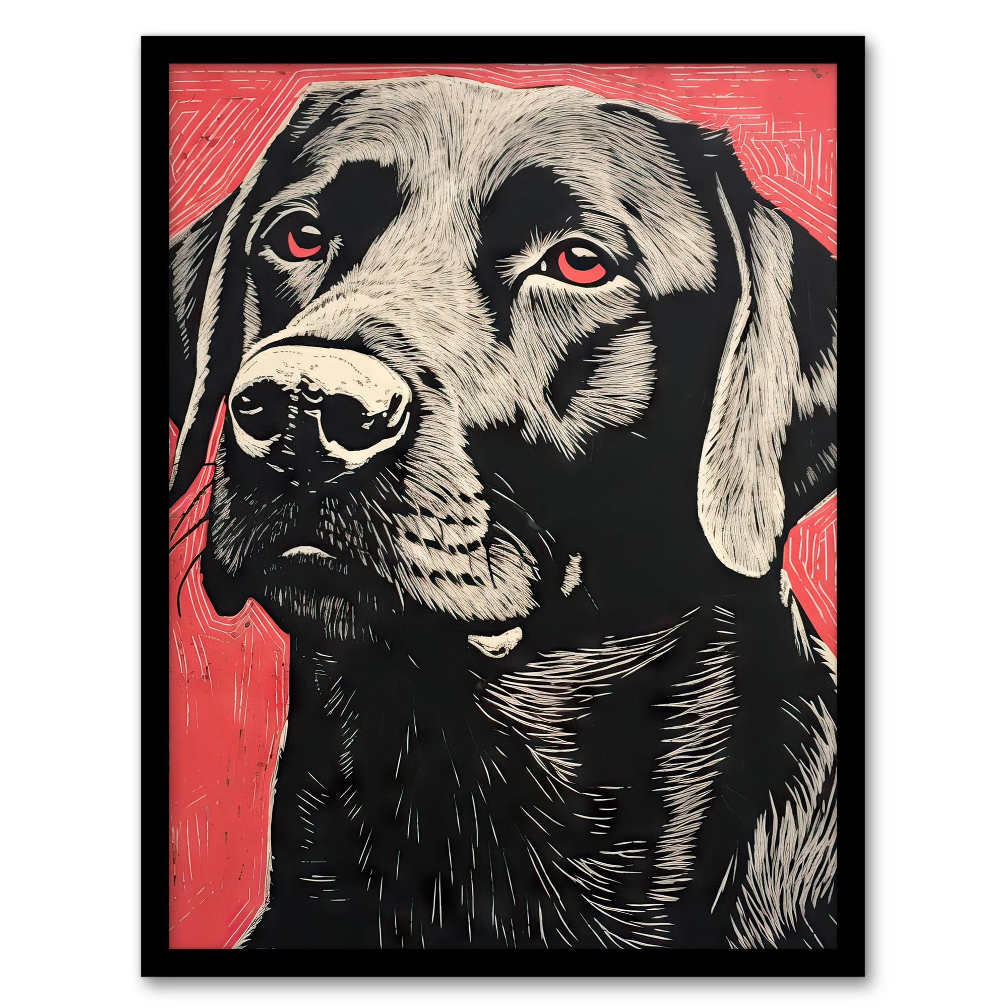 Black Lab Labrador Dog Portrait On Coral Backdrop Lino Risograph Riso ...
