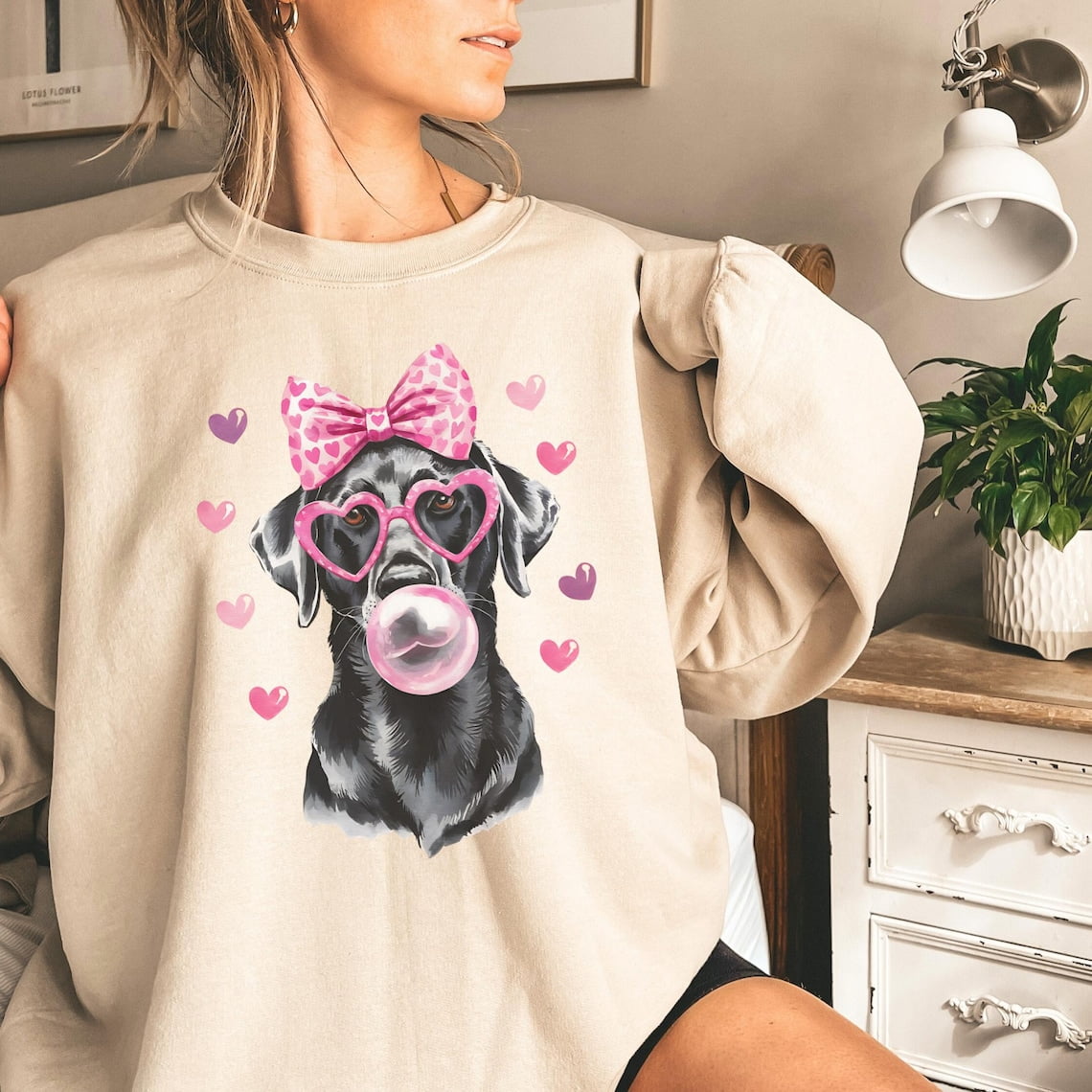 Black Lab Valentine Day Sweatshirt, Heart Bow Black Labrador Sweater, Coquette Vday Black Lab ...