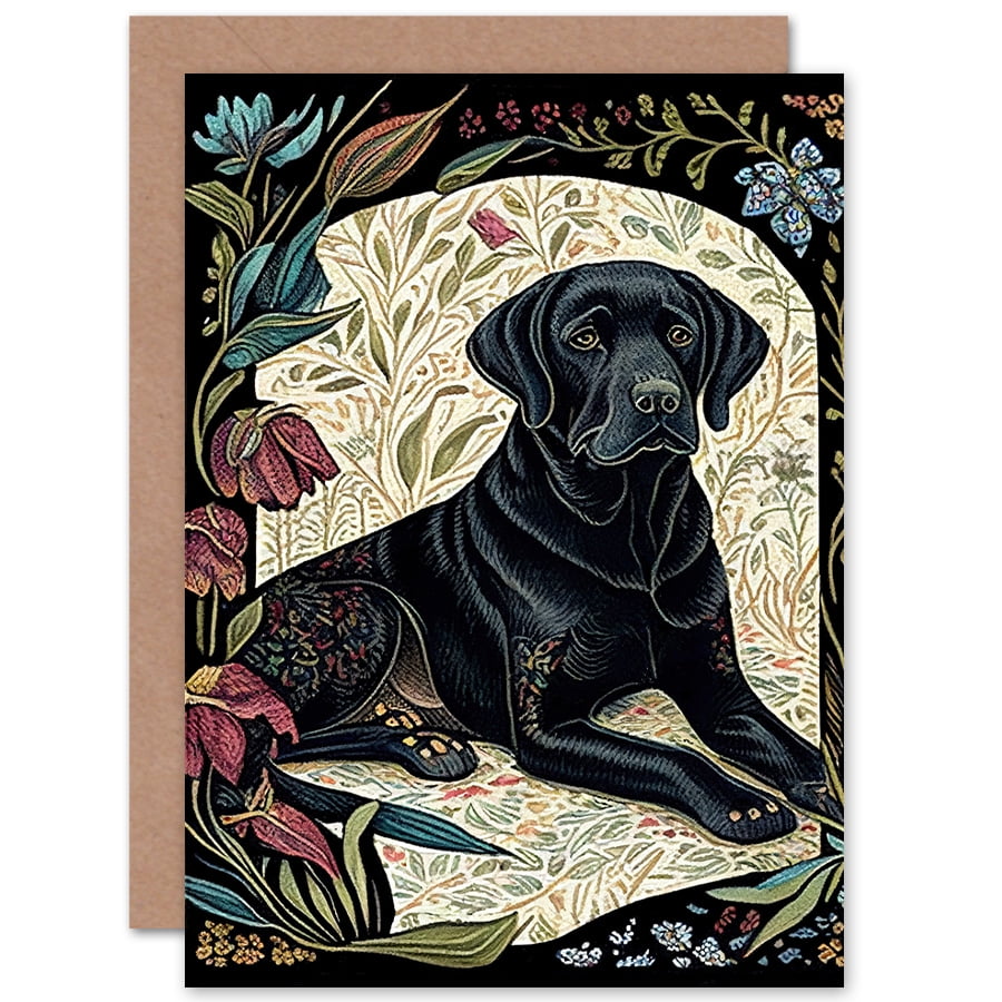 Black Labrador Dog with Floral Patterns Vintage Inspired Linocut ...