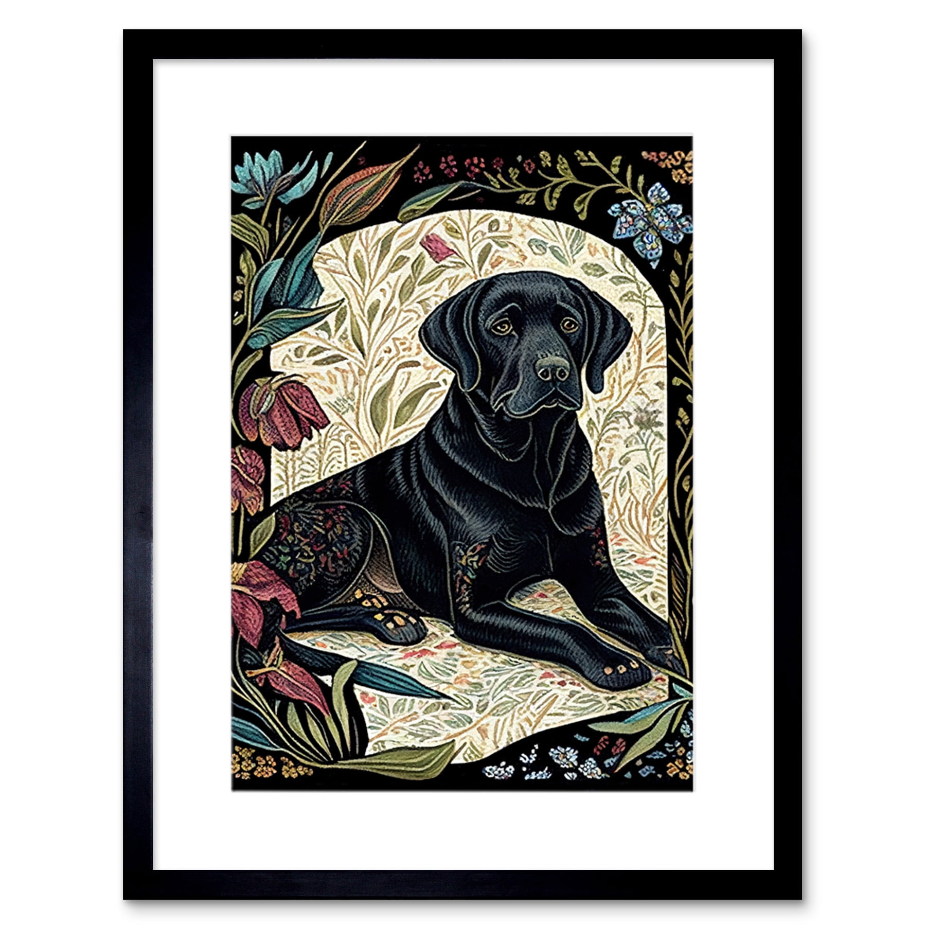 Black Labrador Dog with Floral Patterns Vintage Inspired Linocut ...