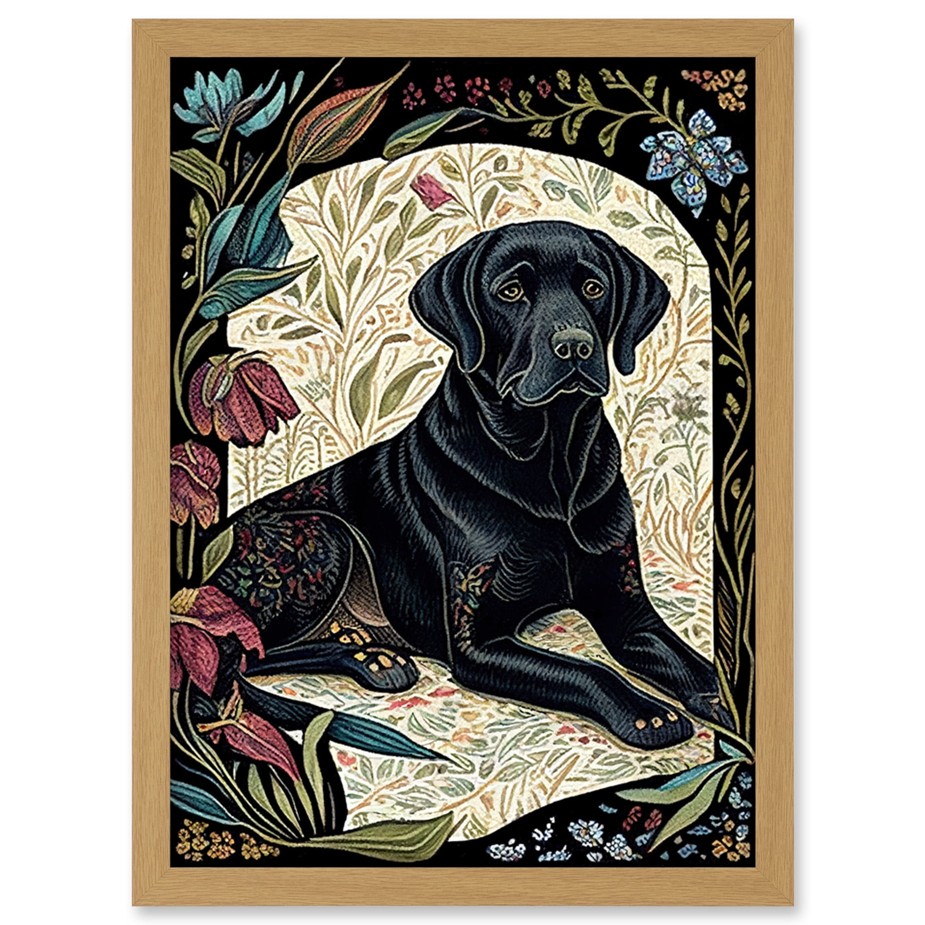 Black Labrador Dog with Floral Patterns Vintage Inspired Linocut ...