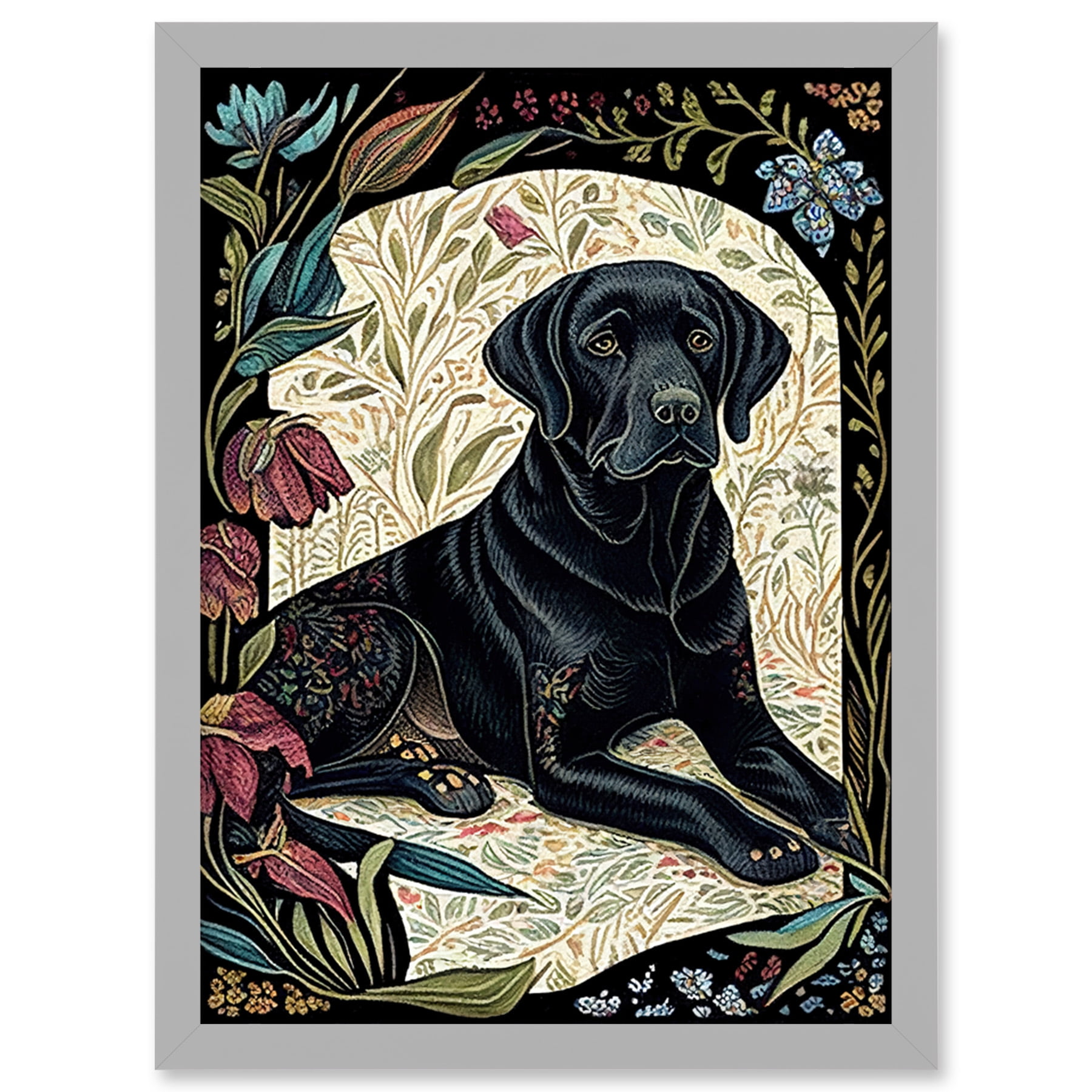 Black Labrador Dog with Floral Patterns Vintage Inspired Linocut ...