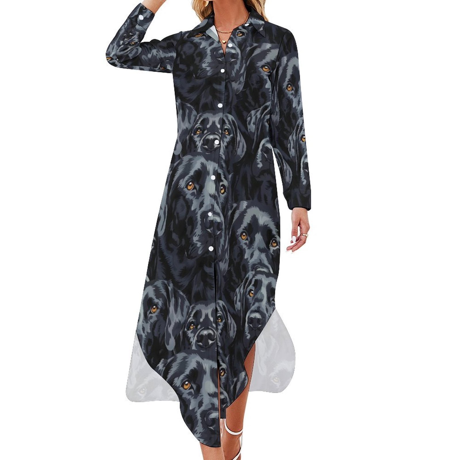 Black Labrador Lab Dog Women's Maxi T Shirt Dress Long Sleeve Lapel ...