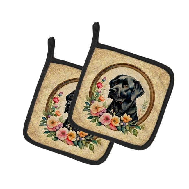 Black Labrador Retriever and Flowers Pair of Pot Holders 7.5 in x 7.5 ...