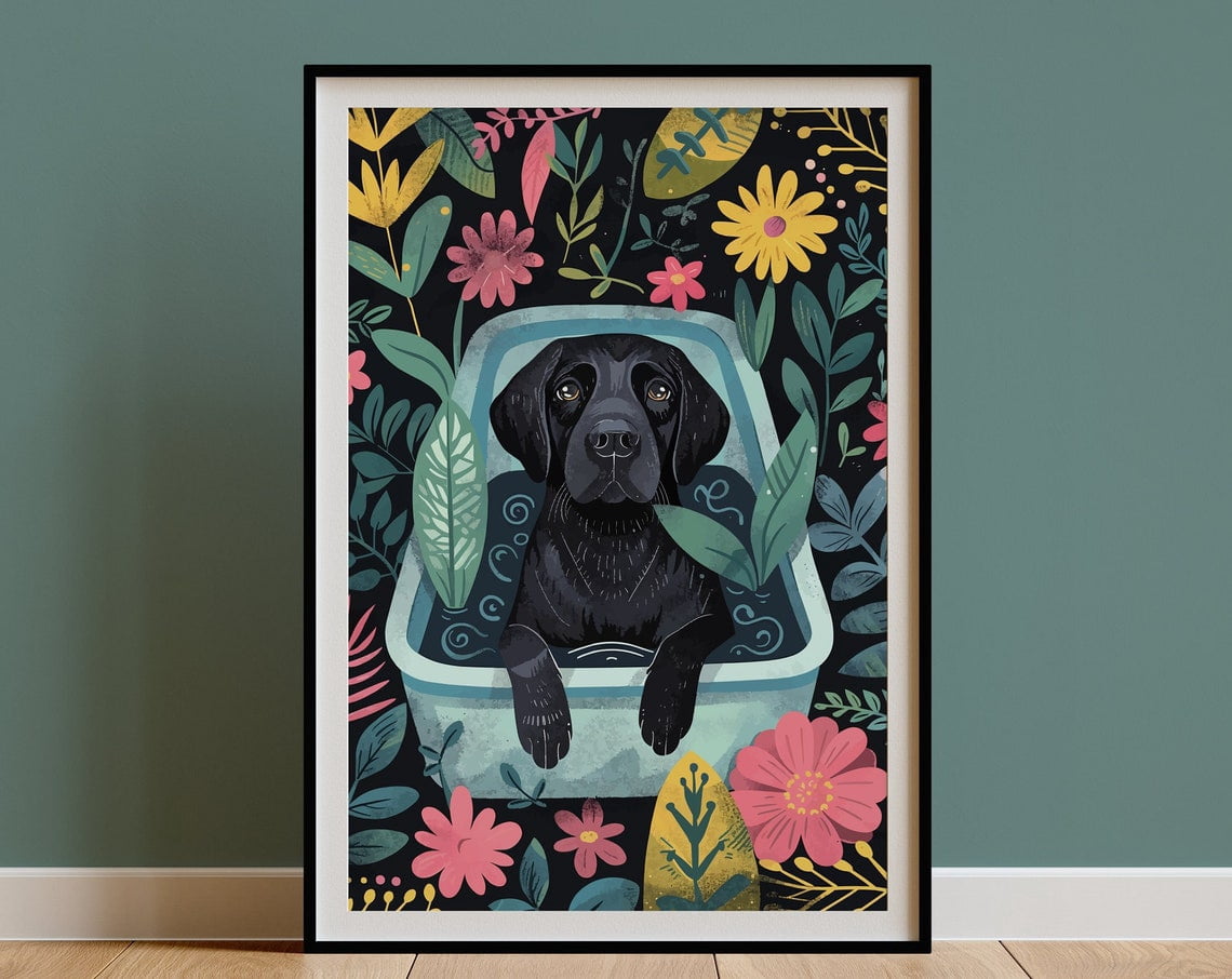 Black Labrador Wall Art, Boho Jungle Bathtub Print, Maximalist ...