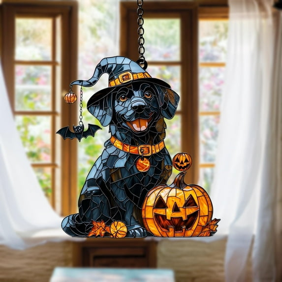 Black Labrador Witch Hat Acrylic Suncatcher Pumpkin And Bats Faux ...