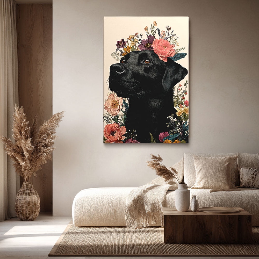 “Black Labrador with Floral Crown & Peonies (Elegant Tone)” Whimsical ...