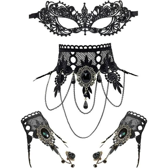 Black Lace Choker Necklace Gothic Masquerade Mask Set for Women ...