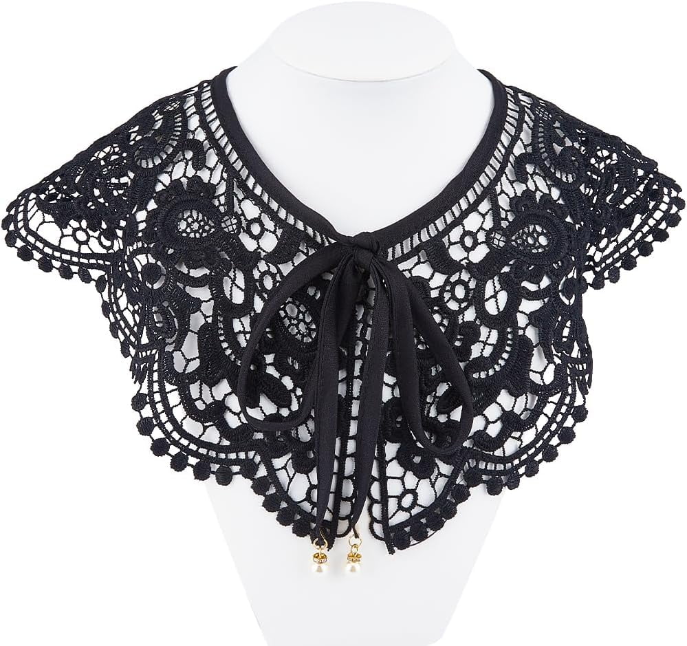 Black Lace Collar Detachable Embroidered Floral Lace Neckline Neck Collar Trim False Hollow Out ...