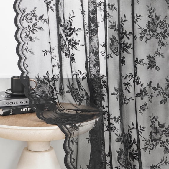 Black Lace Curta- 45 Inch Length Sheer Flfor Kitchen Cafe Small Window ...