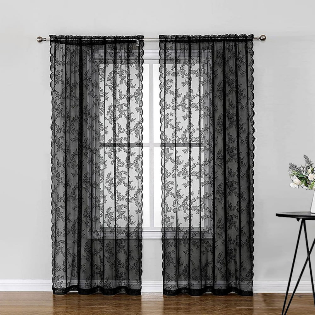 Black Lace Curtains with Attached Valance, Victorian Vintage Black ...