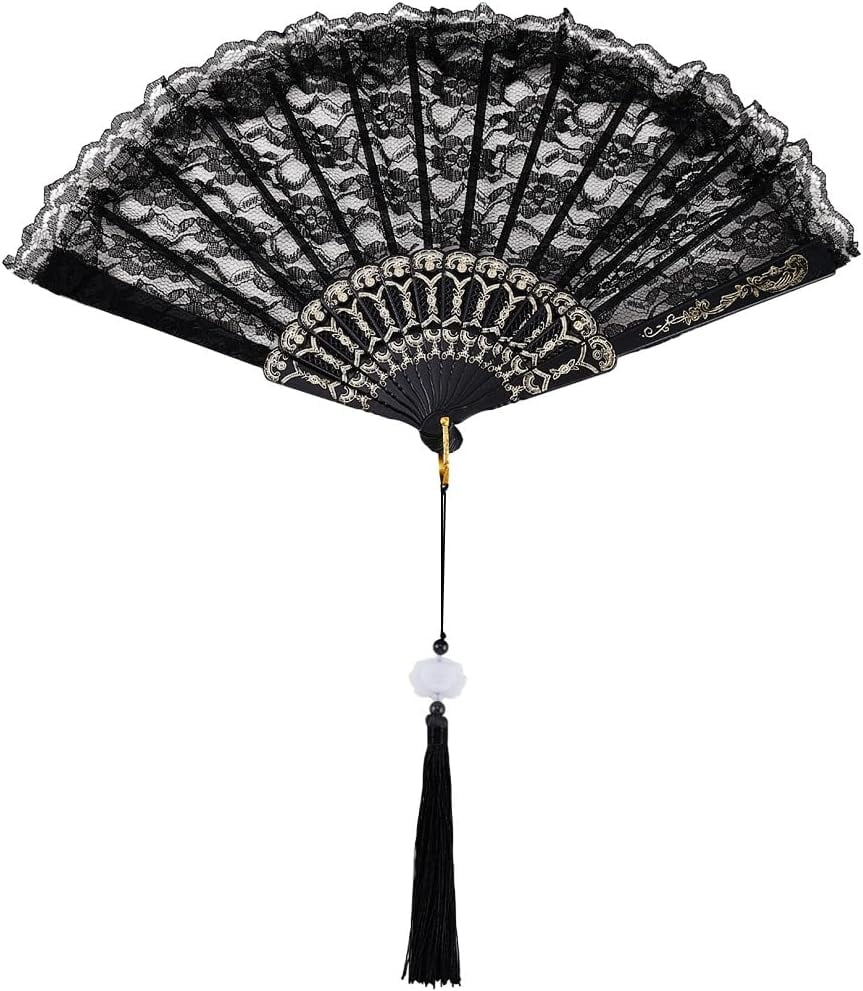 Black Lace Folding Fan Line Dance Popping Fan Lolita Embroidered ...
