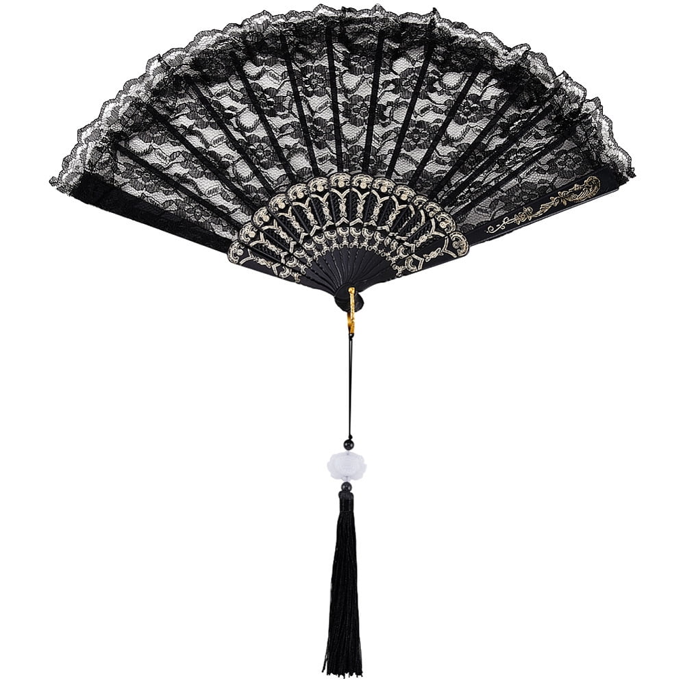 Black Lace Folding Fan Line Dance Popping Fan Lolita Embroidered ...