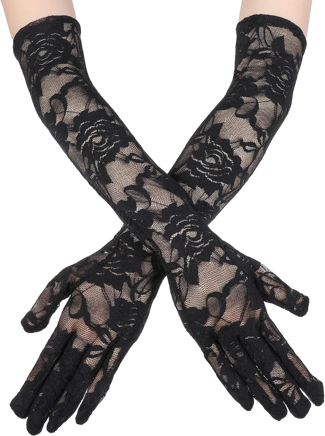 Black Lace Gloves Long Lace Floral Gloves Sheer Mesh Tulle Gloves ...