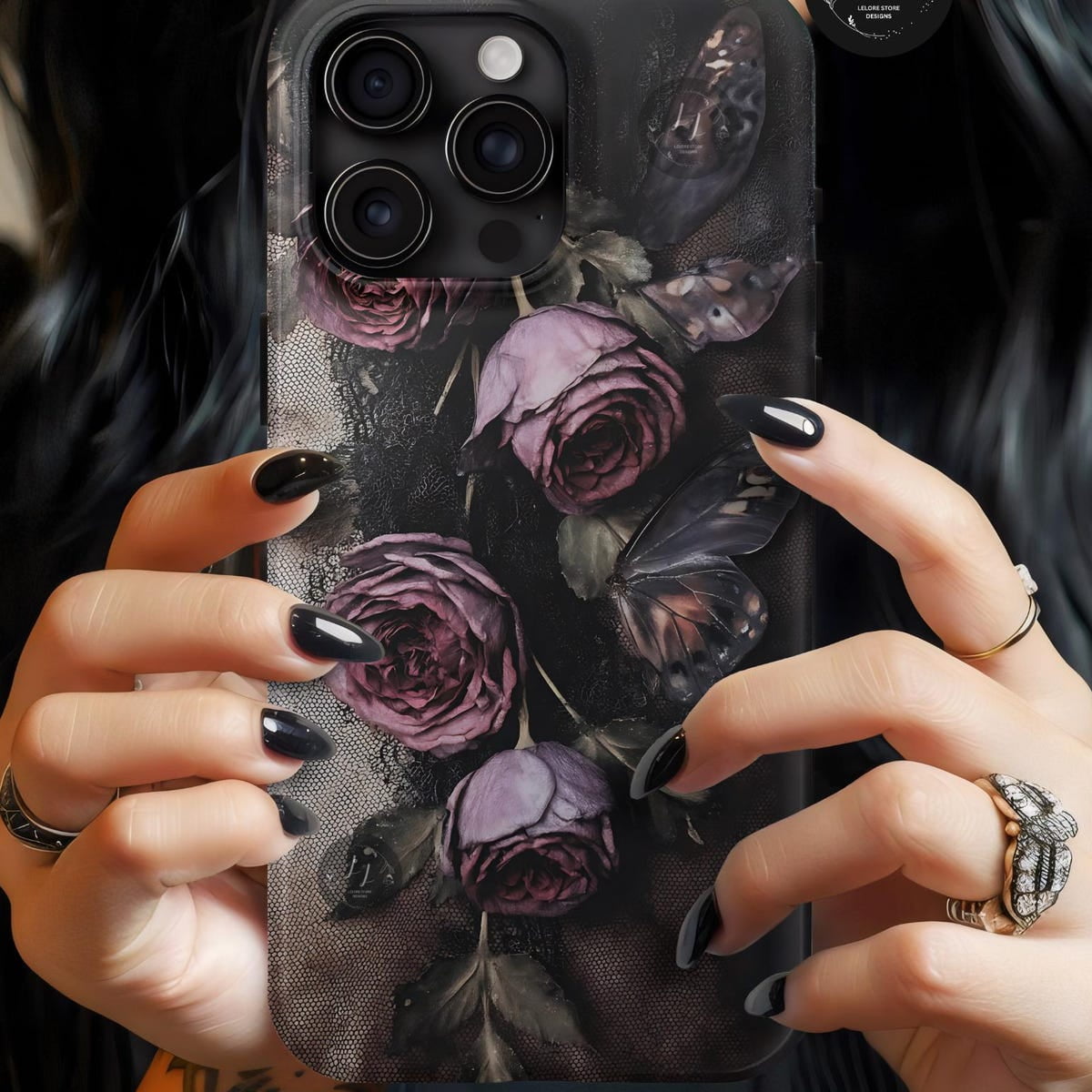 Black Lace Gothic Rose Dark Floral Aesthetic Case with iPhone 17 to 11 ...